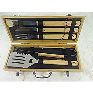 BBQ SET 5 tools | Custom engraved/personalized grilling set with 5 useful Barbeque grilling tools | Barbecue Utensils Gifts for Men & Women | In natural bamboo case | Grill Utensils Set for Dad