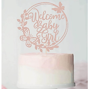 AHAORAY Welcome Baby Girl Cake Topper - Rose Gold Glitter Baby Shower Cake Decorations for Girl, Baby Girl Cake Topper, for Baby Shower/Baby Birthday Party/Baby Gender Reveal Party Photo Booth Props