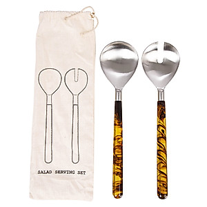 Creative Co-Op Stainless Steel Marbled Resin Handles, Set of 2 Styles Salad Servers, Brown