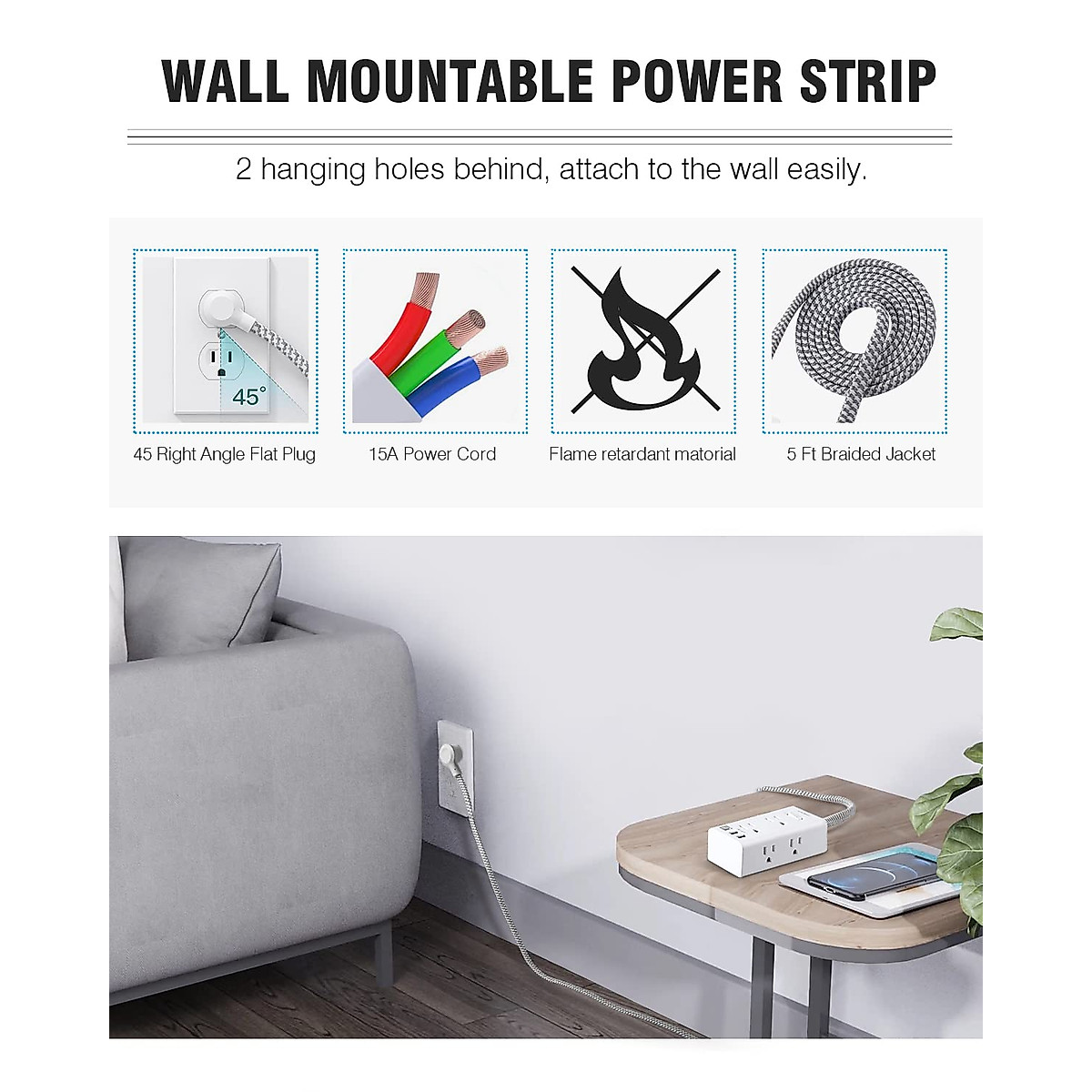 Power Strip Surge Protector - 6 Widely Outlets with 3 USB Ports (1 USB C), 3-Side Outlet Extender Strip with 5 Ft Extension Cord, Flat Plug, Wall Mount, Small Power Strip for Travel Office Dorm Home