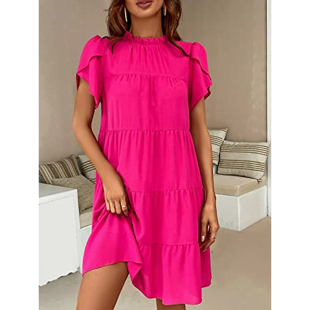 Verdusa Women's Tie Back Petal Sleeve Mock Neck Ruffle Hem A Line Swing Smock Dress Hot Pink L