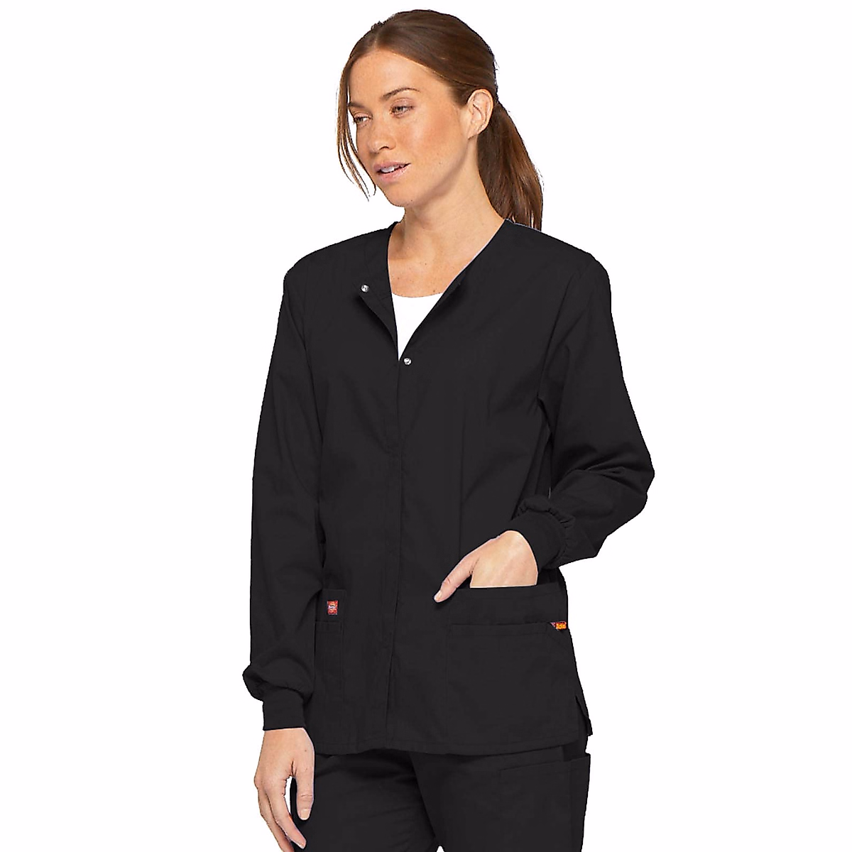 Dickies Women's EDS Signature Scrubs Missy Fit Snap Front Warm-Up Jacket, Black, Large