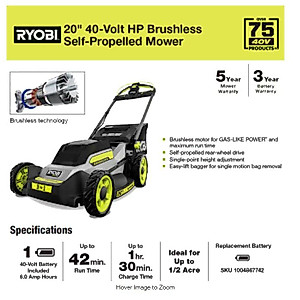 RYOBI ONE RYOBI 40V HP Brushless 20 in. Cordless Electric Battery Walk Behind Self-Propelled Mower with 6.0 Ah and Charger, Black