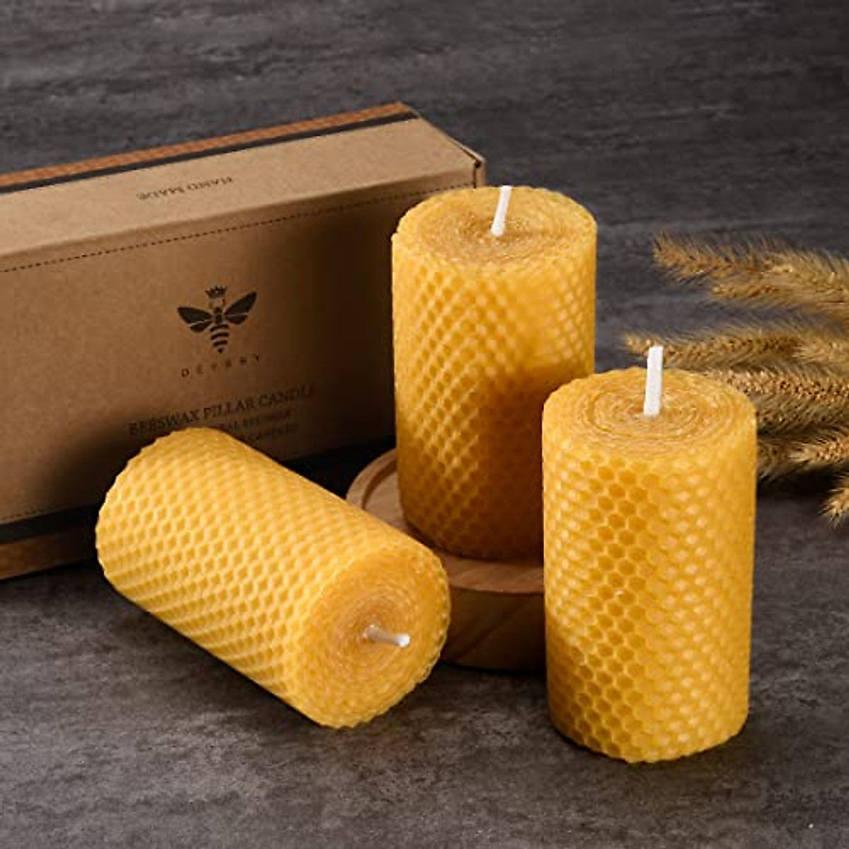 Beeswax Pillar Candles Set of 3 - Handmade Pure Beeswax Rolled Candles for Gift & Home Decor (2×3.3 in)