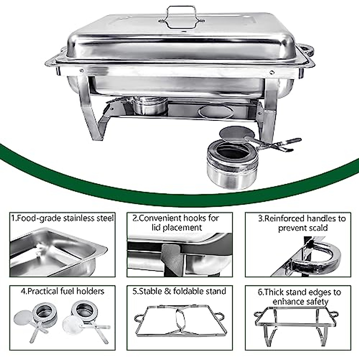 EVGTTI 4 Pack Chafing Dish Buffet Set, 8QT Stainless Steel Rectangular Chafers and Buffet Warmer Sets for Catering, with Food & Water Pan, Lid, Foldable Frame, Fuel Holder