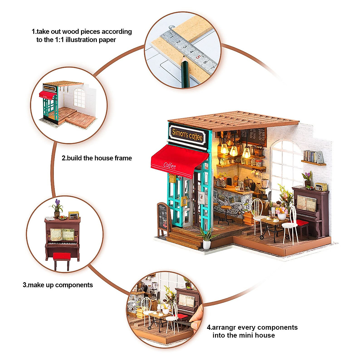 Rolife DIY Miniature Dollhouse Kit Coffee House Wooden Mini House Crafts DIY Model Kits Christmas Birthday Gifts for Boys Girls Women Friends (Simon's Coffee)