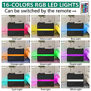 HOMMPA LED Nightstand with 2 Drawers Modern Black Bedside Table Nightstand with Storage Cabinet High Gloss Night Table with 16 Colors LED End Table Smart Nightstand for Bedroom Furniture