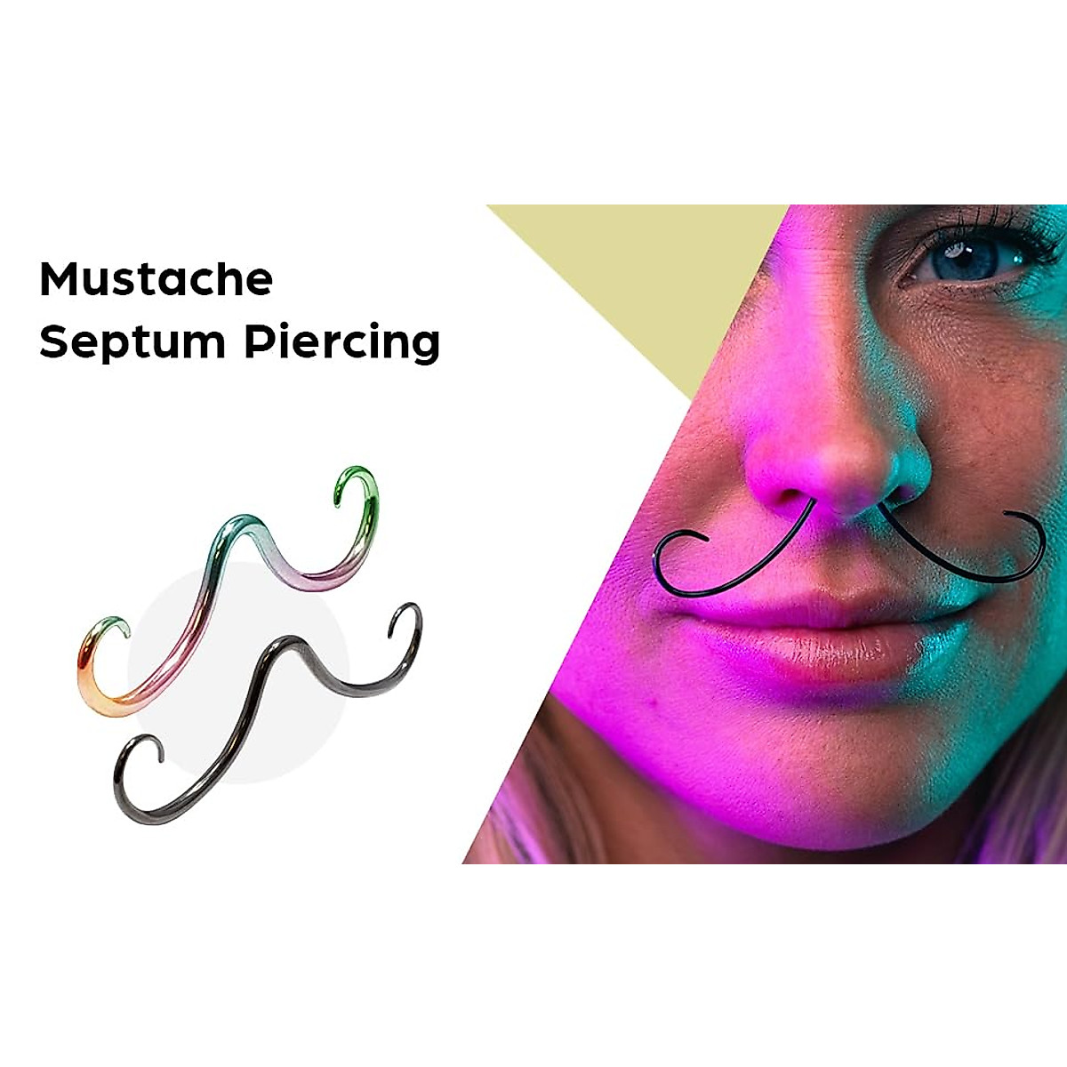BodyJewelryOnline Black Septum Moustache Nose Ring [Curly Design], 316L Surgical Steel, 2¾” Length, Hypoallergenic, Lead/Nickel Free, Smooth Surface Rainbow removable O-rings