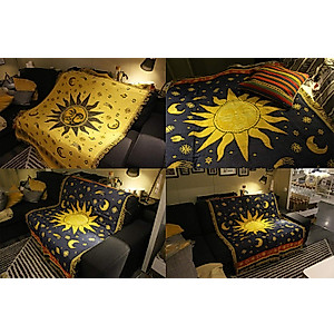 Erke Moon and Sun Throw Blanket Celestial Chair Recliner Cover Bed Spread Hippie Room Decor, Double Sided Cotton Woven Sofa Couch Furniture Aesthetic Throws - 50" X 70", Yellow/Blue
