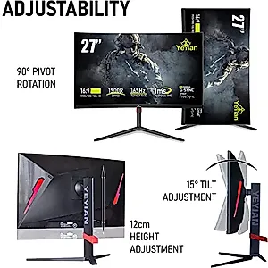 YEYIAN Sigurd 3001 27” Curved PC Gaming Frameless LED Multistand Monitor, 1080P HD, 165Hz, 1ms, 3000:1, 16:9, 178°, 16.7M Colors, G-Sync, FreeSync, DP/DVI/HDMI, Speaker, Tilt/Height/Pivot Adjustable