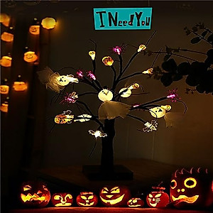 WUYJTIF 1.5FT Black Halloween Tree Lights with 24 Decorated Ghost/Pumpkin/Spider Lights, Timer/Battery Powered Halloween Decorations Indoor Outdoor Suitable for Home, Table, Mantle, Party Decorations