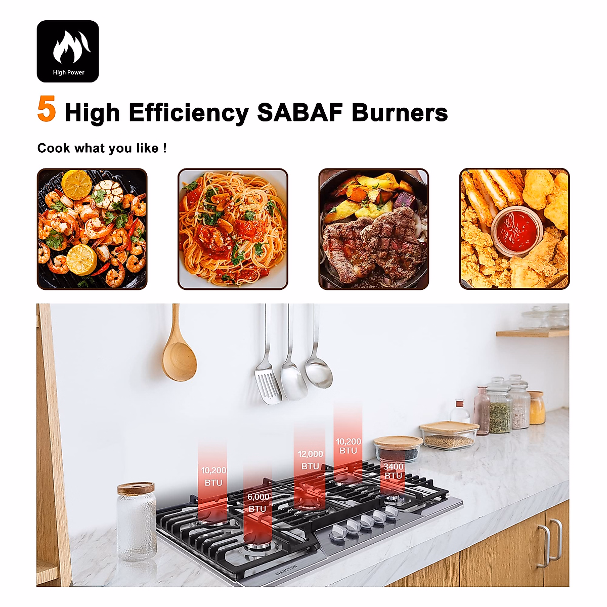 30 Inch Built-in Gas Cooktop,5 Italy SABAF Sealed Burners Gas Rangetop 41,800BTU, NG/LPG Convertible, Penta Burner Stainless Steel Gas Stovetop with Thermocouple Protection,120V AC. (30 inch)