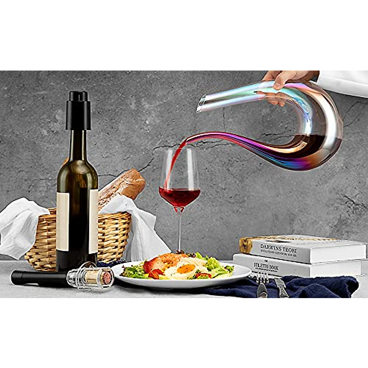 Wine Decanter Set, 1200ml Red Wine Iridescent Carafe With Bottle Opener, Stopper, Cleaning Beads and Wine Pour, Colorful Wine Aerator Gift Set Wine breather, Lead-free Crystal Glass Wine Accessories