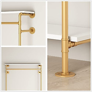 Smlttel Gold Wall Clothing Racks with White Shelves, Wall Mounted Gold Clothes Rack for Hanging Rods，Heavy Duty Pipe Clothing Racks With Three Shelves Retail Display Garment Rack for Home