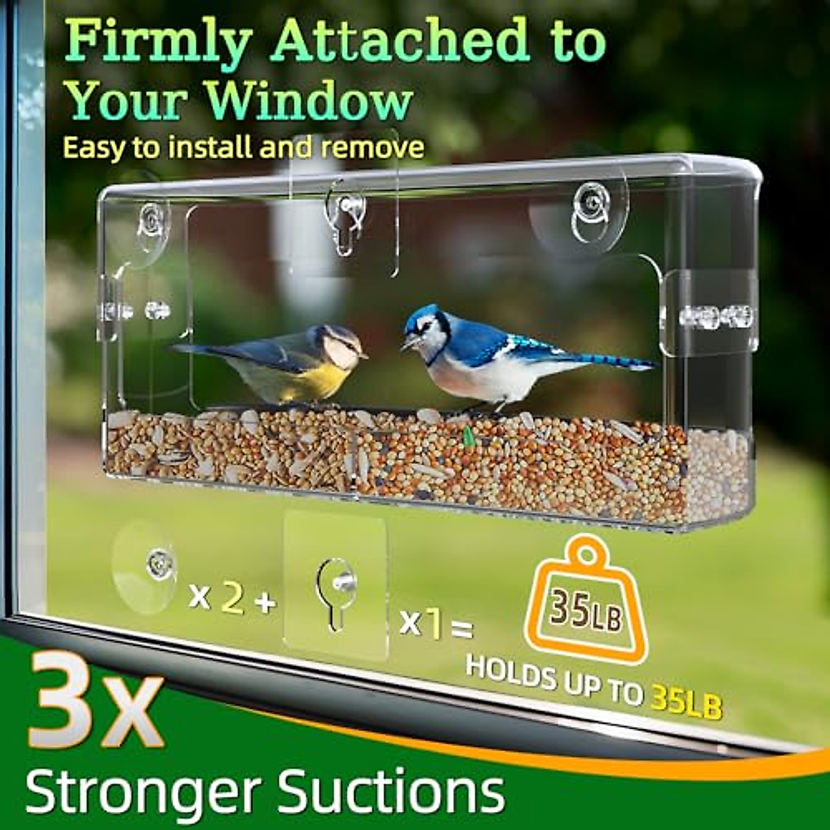Ermete Window Bird Feeder With Strong Suction Cups, Large View Clear Feeder, Seed Tray, 13in x 5.5in x 4.2in for Outside