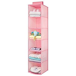 mDesign Fabric Hanging Organizer - Over Closet Rod Storage with 6 Shelves for Baby Nursery Bedroom Organization - Hold Clothes, Linens, Toys, Accessories - Pink Herringbone