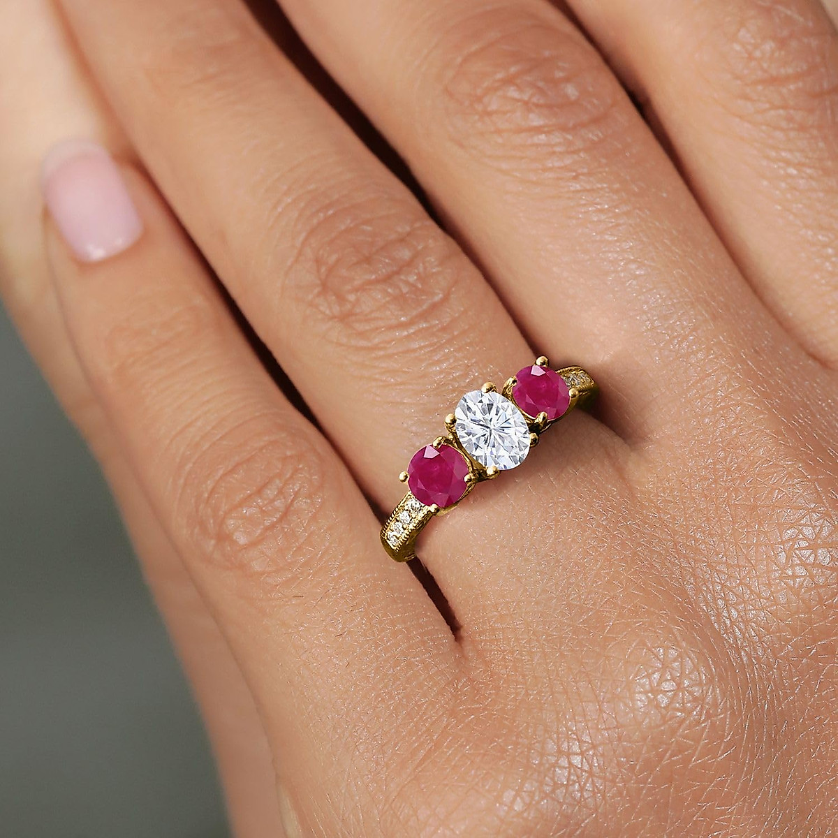 18K Yellow Gold Plated Silver 3-Stone Ring Forever Brilliant Oval 2.12cttw Moissanite by Charles & Colvard and Ruby (Size 6)