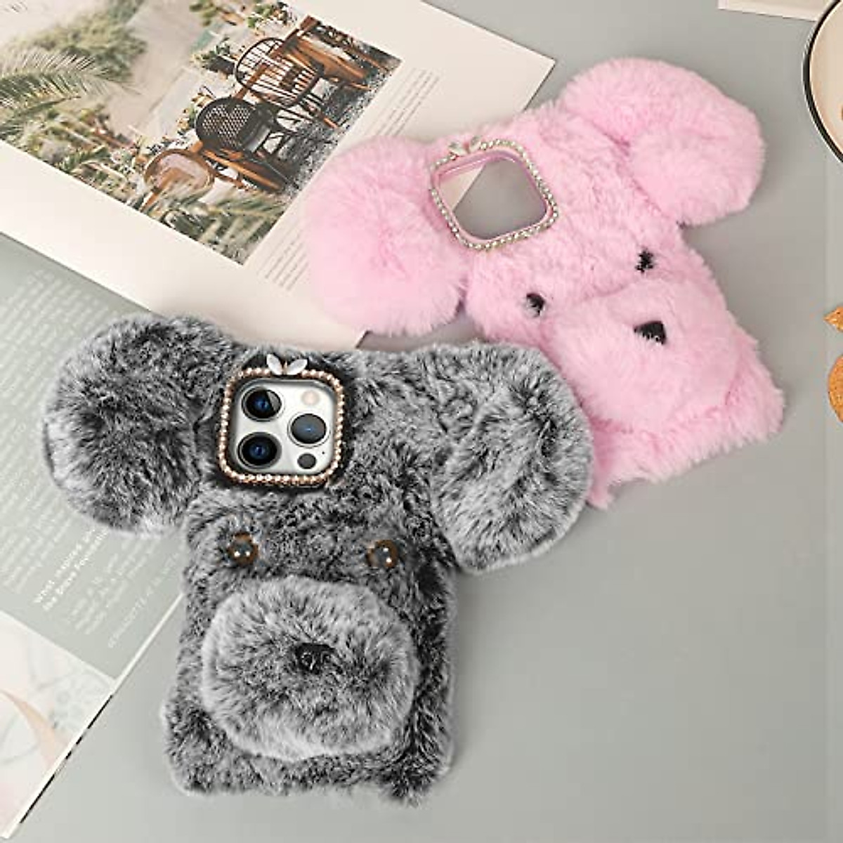 Losin for iPhone 14 Pro Case Cute Cartoon Dog Plush Fluffy Case Girls 3D Kawaii Design Soft TPU Shockproof Protective Cover Fuzzy Furry Winter Rabbit Hair Warm Fur Case for Women Girls Girly Gray