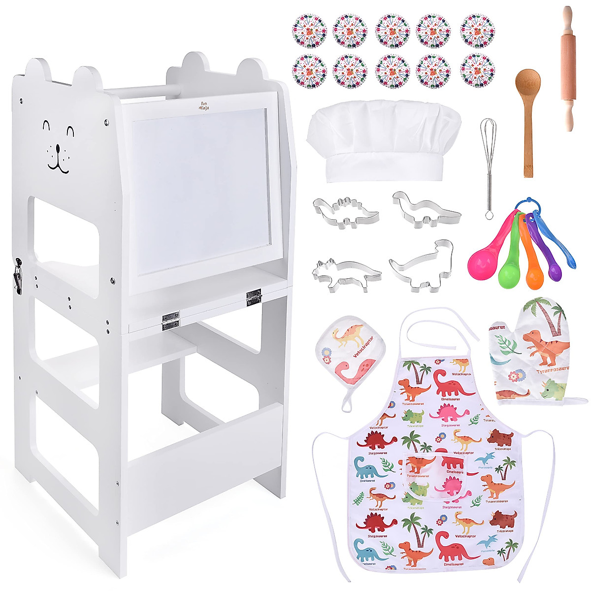 4-in-1 [Fun Ninja] Toddler Kitchen Step Stool for Children and Toddlers, Whiteboard & Art Desk, Safety Rail Tower for Kids, Parent Assistant Stepping Stool (White, Bundle)