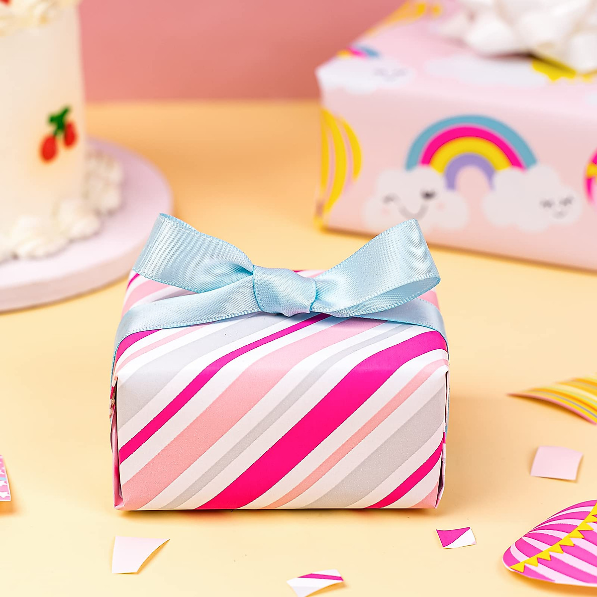 WRAPAHOLIC Birthday Wrapping Paper Roll - Mini Roll - 3 Rolls - 17 Inch X 120 Inch Per Roll - Pink Rainbow, Birthday Gift Boxes, Stripes for Kid's Birthday, Baby Shower