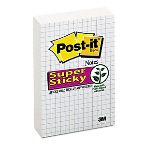 Post-it Super Sticky Notes, 4 in x 6 in, 3 Pads, 2x the Sticking Power, White with Blue Grid Lines, Recyclable (660-SSGRID)