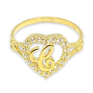 12 MM LONG LADIES TWO TONE HEART INITIAL CURSIVE ALPHABET LETTER RING REAL 10K YELLOW GOLD 4009 (J)