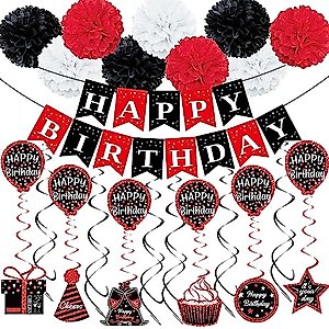 Birthday Decorations Red Black, Happy Birthday Party Decorations for Men Women Boys Girls (48pack), Happy Birthday Banner Gifts, Double-Sided Pattern Card, 9 Pompoms, Hanging Swirl Bday Decor Supplies