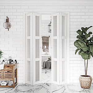 BARNER HOME Bi-Fold Doors, for 48"x 80" (Double 24" x 80" Doors) Opening, 3-lite Tempered Frosted Glass Panel, MDF, White Closet Door