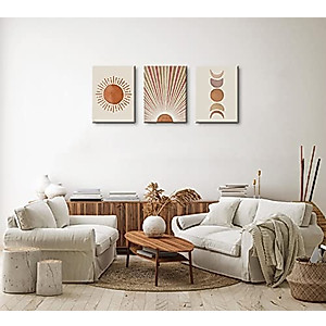 Boho Prints Sun Wall Art - Mid Century Moon Phase Canvas Paintings for Home Decoration Bohemian Framed Abstract Artwork 3PCS 12x16 Inches Pictures for Teens Bedroom Dorm Living Room Bathroom Painting