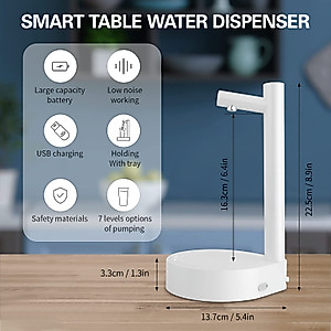 Intelligent Desktop Water Bottle Dispenser, Portable Removable 5 Gallon Electric Water Bottle Pump, Universal Water Jugs Pump USB Charging Automatic Water Dispenser for Home, Office, Outdoor (White)