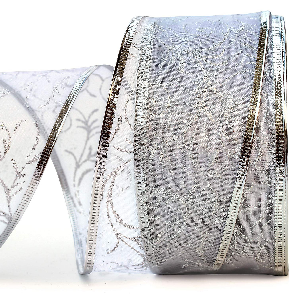 Christmas Ribbon Wired 1.5 Inch Set of 4 Ribbon Wire Red, Green, Gold, Silver/White Sheer Organza Glitter Gift, Xmas Ribbons Decoration, Holiday Craft, Gifts Wrap 40 Yards / 10 Yard Ea. Roll