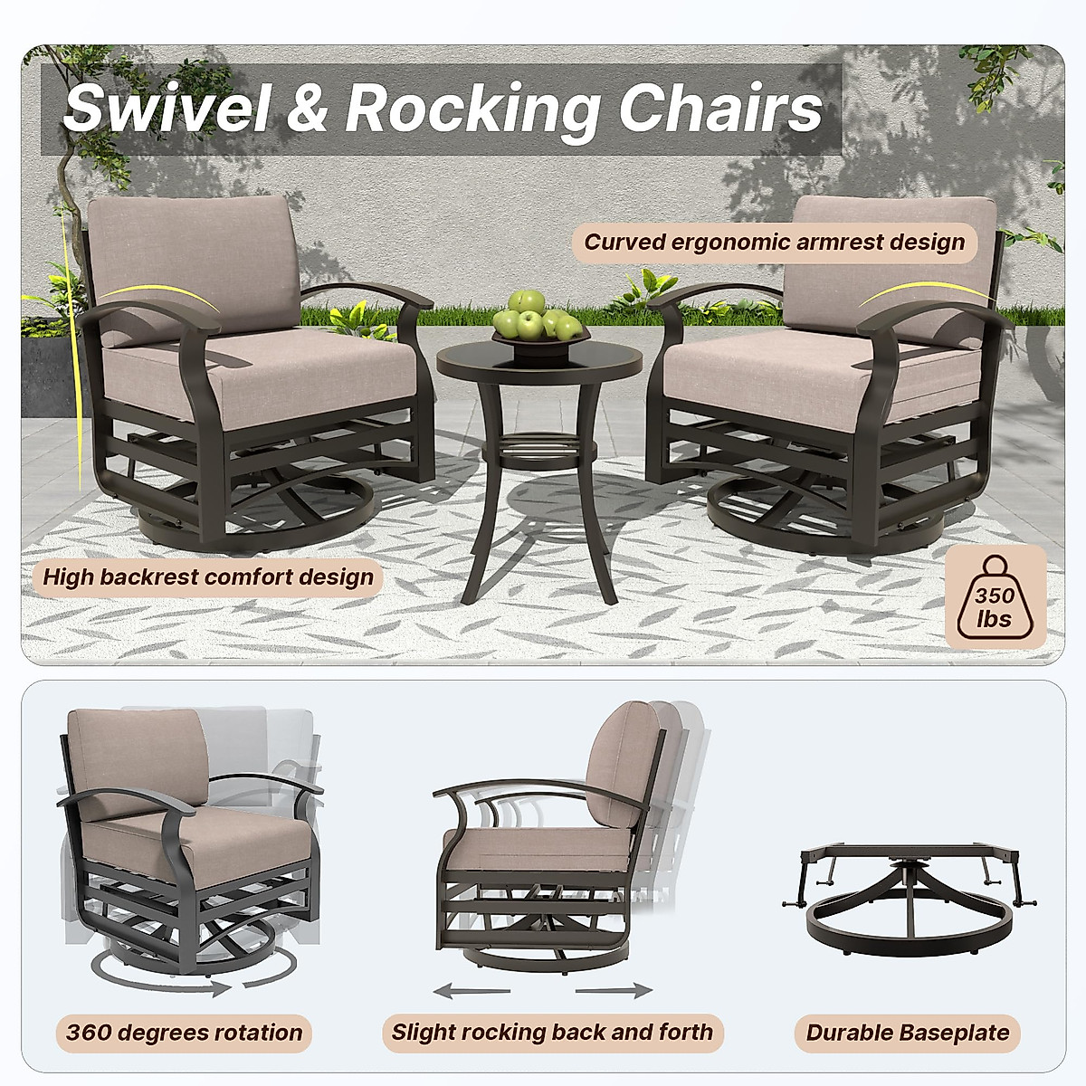 Piltwoff 10-Seat Aluminum Patio Furniture Set with Swivel Chairs,8 Piece Metal Outdoor Sectional Sofa w/45in 55000BTU Fire Pit,Swivel Rocking Chairs with Side Coffee Table,Sand