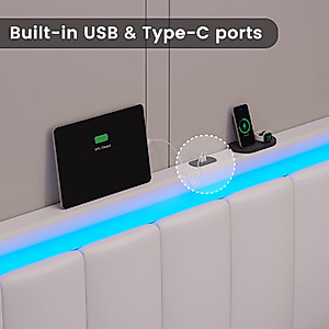 Hasuit Queen Bed Frame with Headboard and LED Light, Vegan Leather Platform Bed Queen Size with Charging Station, Upholstered Headboard Height Adjustable, Noise Free, Easy Assembly, White