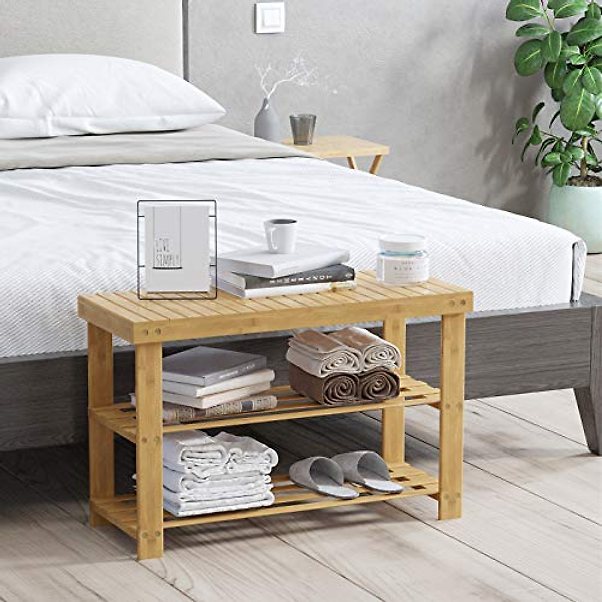 C&AHOME Shoe Rack Bench Bamboo, 3-Tier Shoe Organizer for Entryway, Shoe Storage Shelf Holds up to 240 LBS, Storage Benches Ideal for Bathroom Bench, Entryway, Hallway and Living Room, Natural