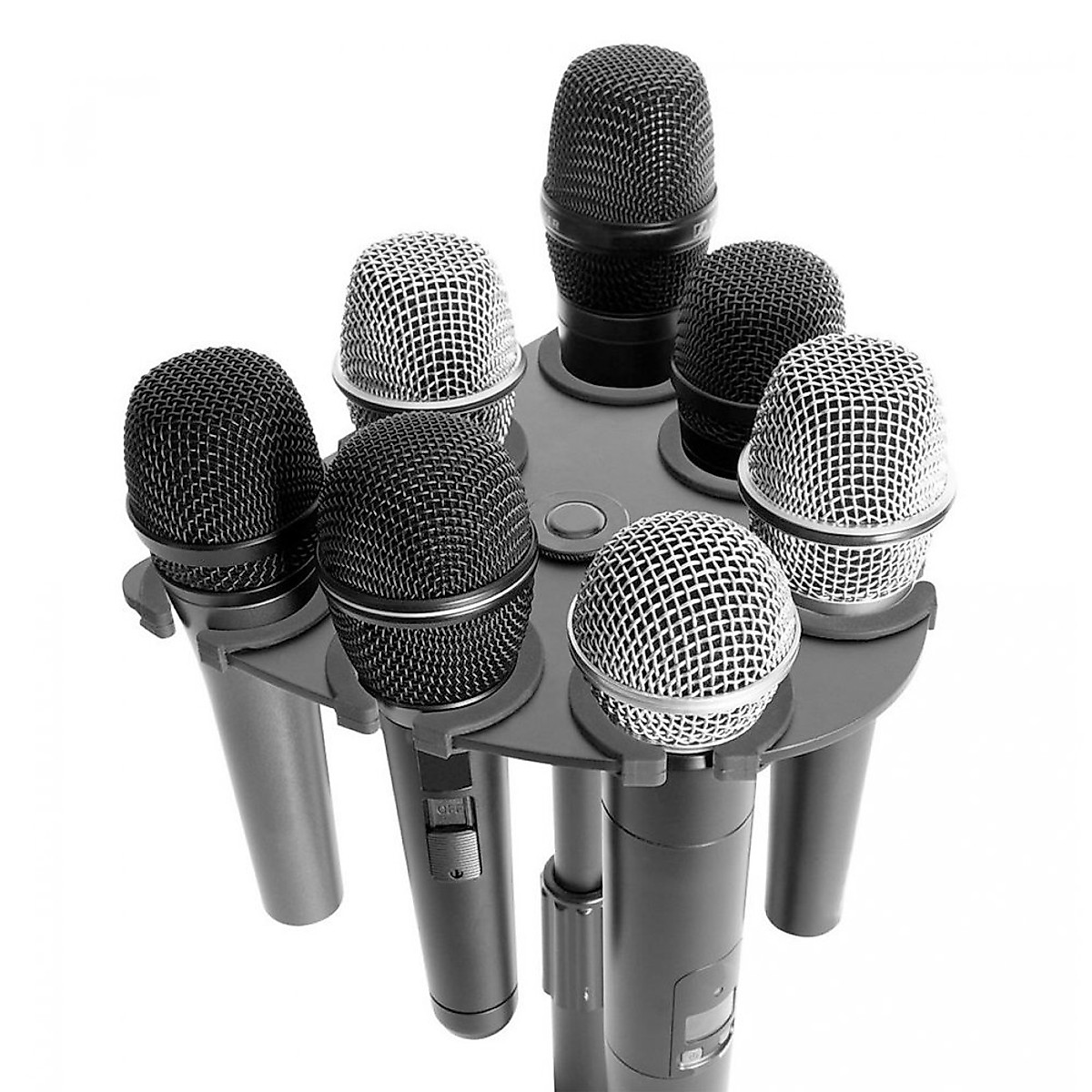On Stage Round Base Microphone Stand, Black + Mic Holder + Mic Extension Attachment Bar + Strapeez - Top Value Microphone Accessory Kit