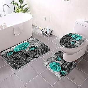 Bathroom Rugs and Mats Sets, Teal Rose Bath Mat, 3 Piece Floral Bath Rug Set, Ultra Soft Absorbent Shaggy Non-Slip Grey Bathroom Mats Bathroom Rug U Shape Toilet Mat Contour Bath Rug for Bathroom
