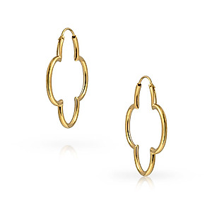 Clover Flower Shaped Thin Tube Endless Hoop Earrings For Women Polished 14K Gold Plated .925 Sterling Silver 1.5 In