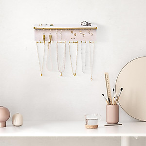 SANY DAYO HOME Wall Mount Jewelry Organizer Real Wood Jewelry Display Storage Shelf with 15 Necklace Hooks, Earring Bracelet Rod, Stud Cork Board, White