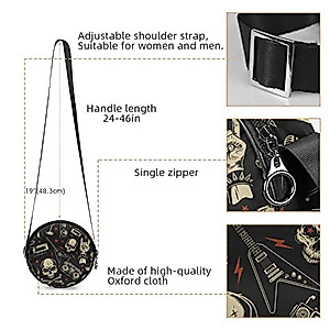 Skulls Rock Pattern Retro Crossbody Bag for Women Teen Girls Round Canvas Shoulder Bag Purse Tote Handbag Bag