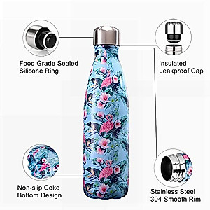 17oz Stainless Steel Travel Water Bottles, Double Wall Vacuum Insulated Reusable Leakproof BPA Free Cola Shape Thermos With Cleaning Brush, 24 Hours Cold 12 Hours Hot Metal Water Bottle, Blue Flamingo