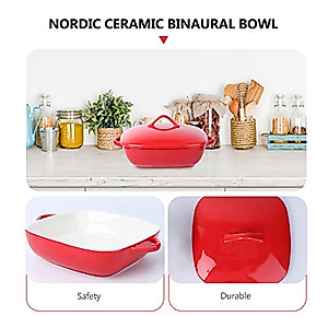 Ceramic Bread Pan Ceramic Cooking Dish Nordic Binaural Cake Dessert Bread Baking Pan with Cover Lid Micro Oven Square Plate Tray for Home Kitchen Shop Red Ceramic Loaf Pan
