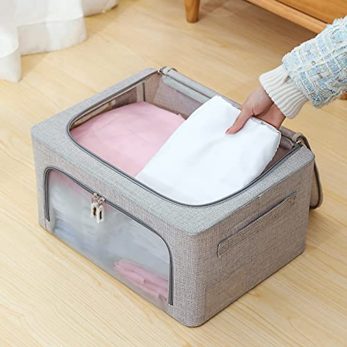 FAikhom 3 Pack Clothes Storage Bins Stackable Storage Box Large Capacity Foldable Metal Frame Storage Container Organizer with Mesh Window and Carrying Handles (Small-22L, Light Gray)