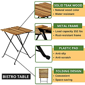 BEEFURNI Wooden Folding Table and Chairs with Cushions for Small Spaces, Teak Wood Bistro Set 3 Piece Outdoor Indoor, No Assembly Required, Perfect Size for Your Balcony, Garden, Backyard, Patio