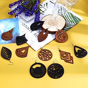 Yolev 12 Pairs African Wooden Dangle Earrings Lightweight Drop Earrings Bohemian Pendant Dangle Earrings Lightweight Ethnic Style Wood Earrings for Women