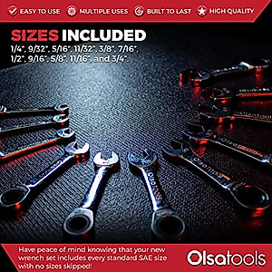 Olsa Tools Stubby Ratchet Wrench Set (SAE 11pc) | 6-Point Box End Ratchet Wrenches Set | 120 Tooth Ratcheting Wrench Sets | Works on Stripped and Rounded Bolts | Professional Grade Spanner Wrench