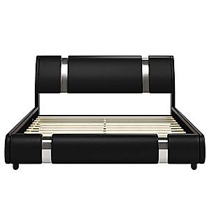 TTVIEW Modern Faux Leather Upholstered Platform Bed Frame with Iron Metal Decor, Adjustable Curved Headboard, Wooden Slats Support, No Box Spring Needed, Queen Size, Black