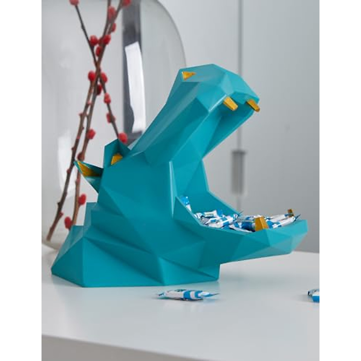 HAUCOZE Candy Dish Cookie Jar Hippo Gifts Sculpture Modern Decor Statue Table Centerpiece Crafts Polyresin Figurine Arts Blue 7.8inch