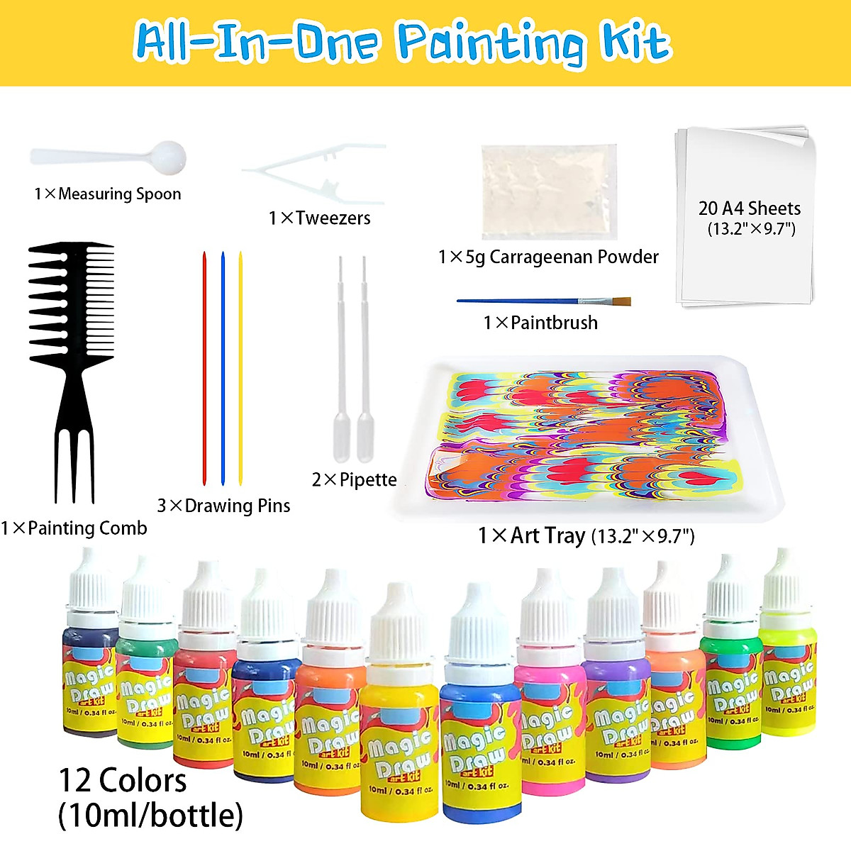 Water Marbling Paint Drawing Kit for Kids 8-12, Arts & Crafts for Girls & Boys Ages 4-8, Ideal Easter Birthday Gifts Christmas Toys for Girls & Boys Ages 4 5 6 7 8 9 10 11 12 Year Old (12 Colors)