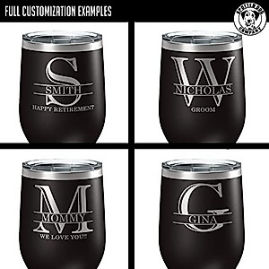 Personalized 12oz (17 Colors) Powder Coated Stainless Steel Stemless Wine Tumbler with Lid, Custom Etched, Customized Gift for Women Her, Wine Lover, Halpert Monogram Initial Name (Black)