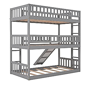 DEYOBED Triple Wooden Bunk Bed - Twin Over Twin Over Twin with Slide and Dual Ladders | Ultimate Sleep and Play Solution for 3 Kids and Teens